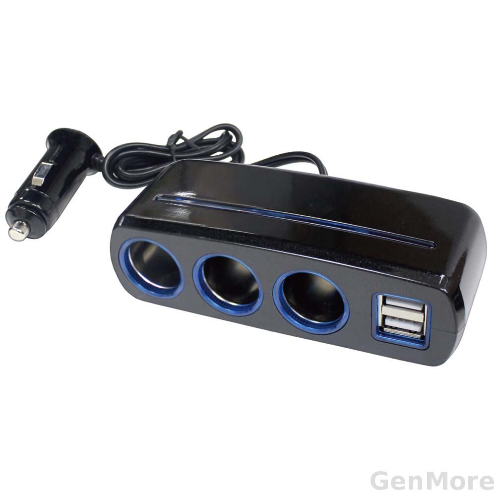 80W/3-socket cigarette lighter splitter w/ dual USB output+0.6 m ...