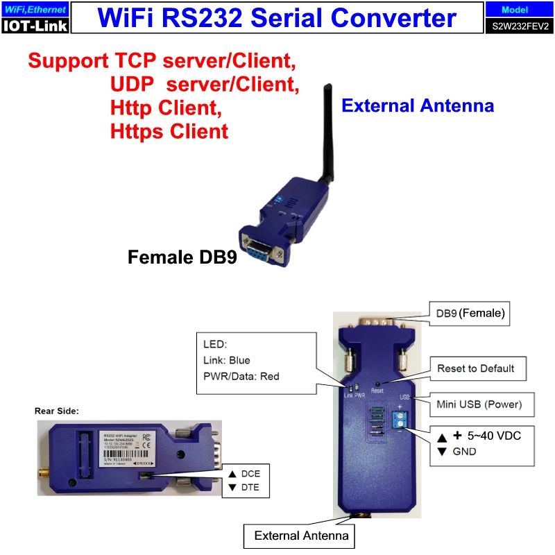 [External antenna, Female DB9] WiFi RS-232 adapter, WiFi RS232 adapter, serial to WiFi converter ...