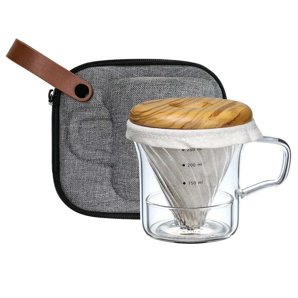 ATHIA Glass Pour Over Coffee Maker Mug Set-Olive wood-light color ...