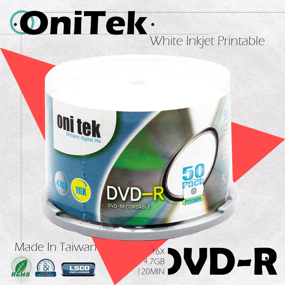 OniTek Taiwan Brand DVD-R 16X White Inkjet Printable Discs ...
