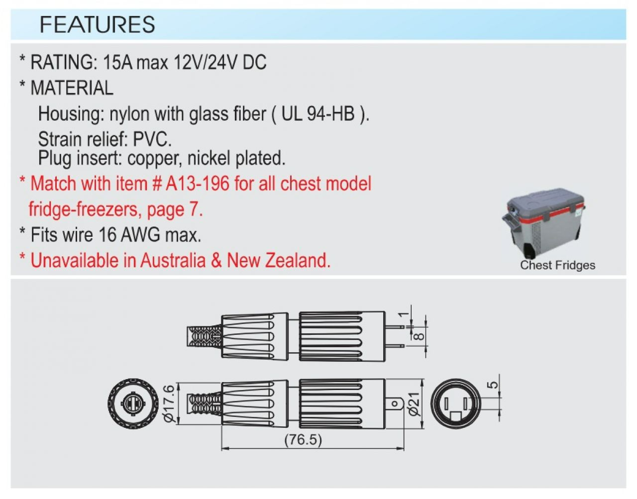 Posi-fit Plug for Chest Fridges 15A 12V / 24V DC | SHIN CHIN INDUSTRIAL ...