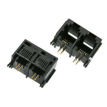 Telephone Modular PCB Jack, Double RJ11, 6P4C, 6u" Gold, Black, Side ...