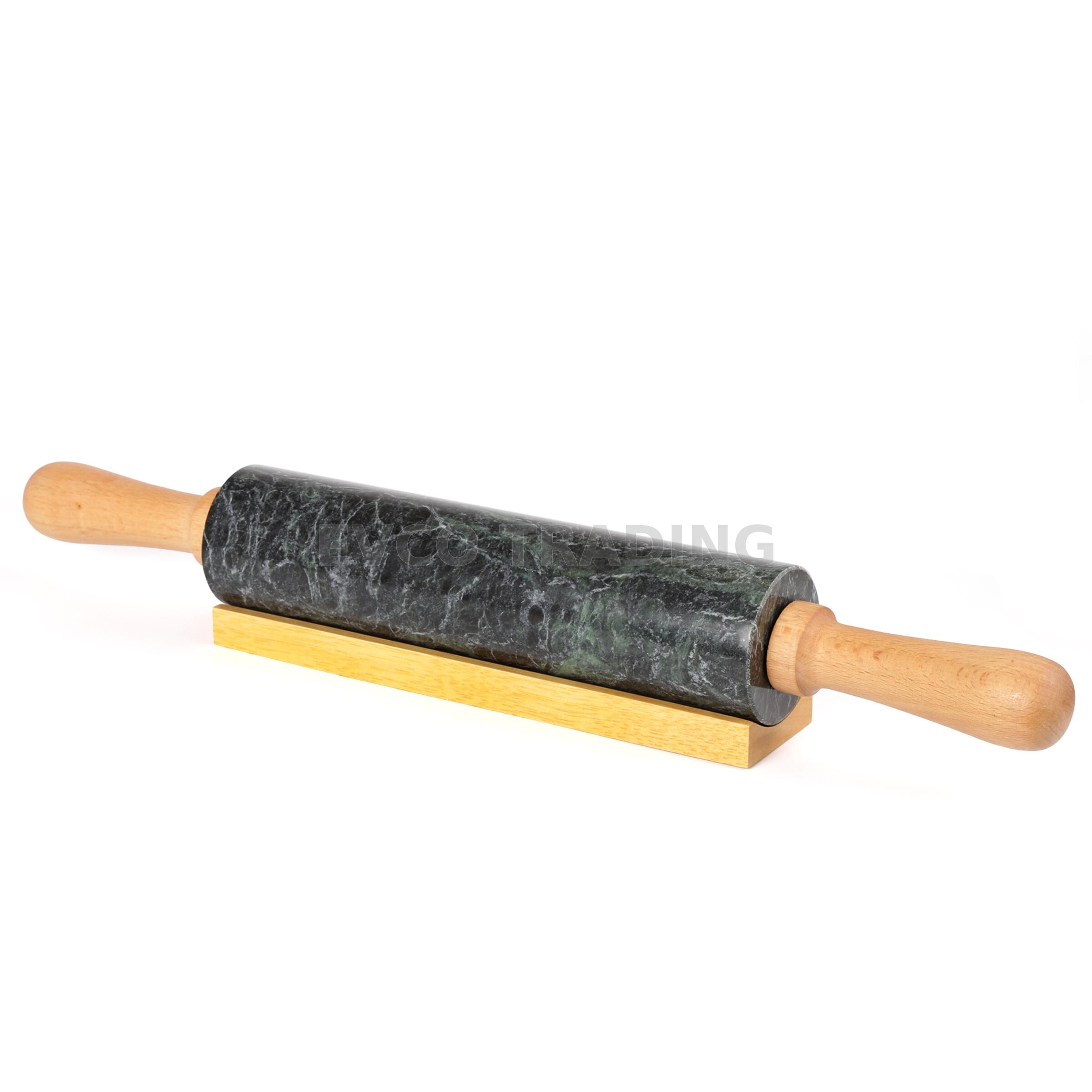 Natural Green Marble Rolling Pin with Deluxe Wood Handles and Cradle ...