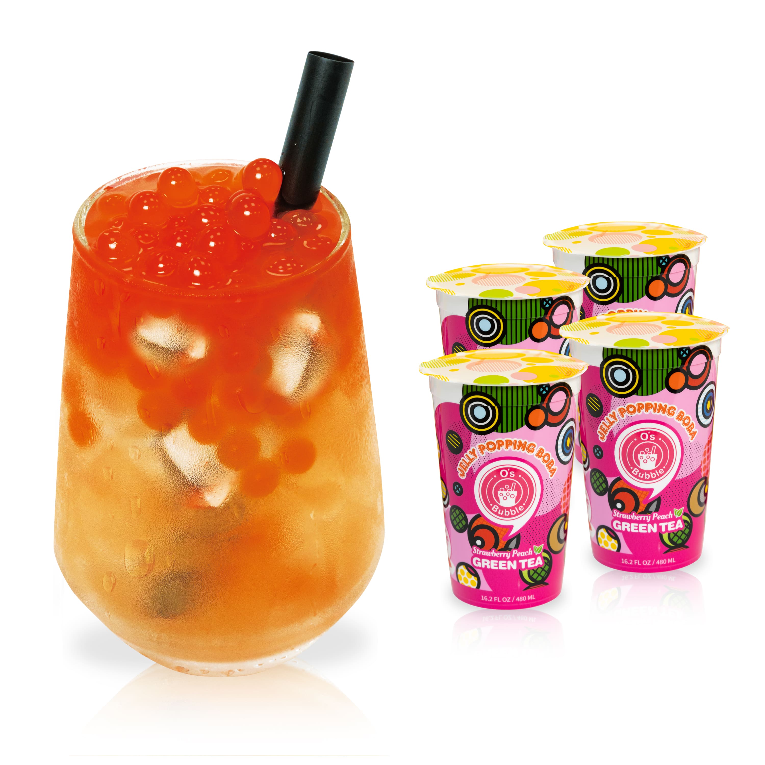 Jelly Popping Boba Drink– Strawberry Peach Green Tea with Jelly Popping ...