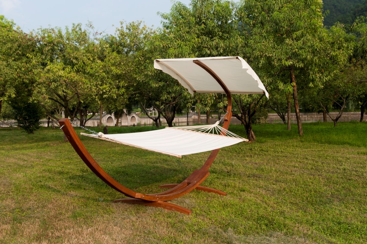 Double Garden Curved Wood Hammock Frame With Sunshade (Length 410cm ...