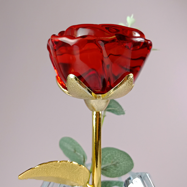 Crystal Rose Glass Red Rose Flower with Gold Leaves for Wedding ...