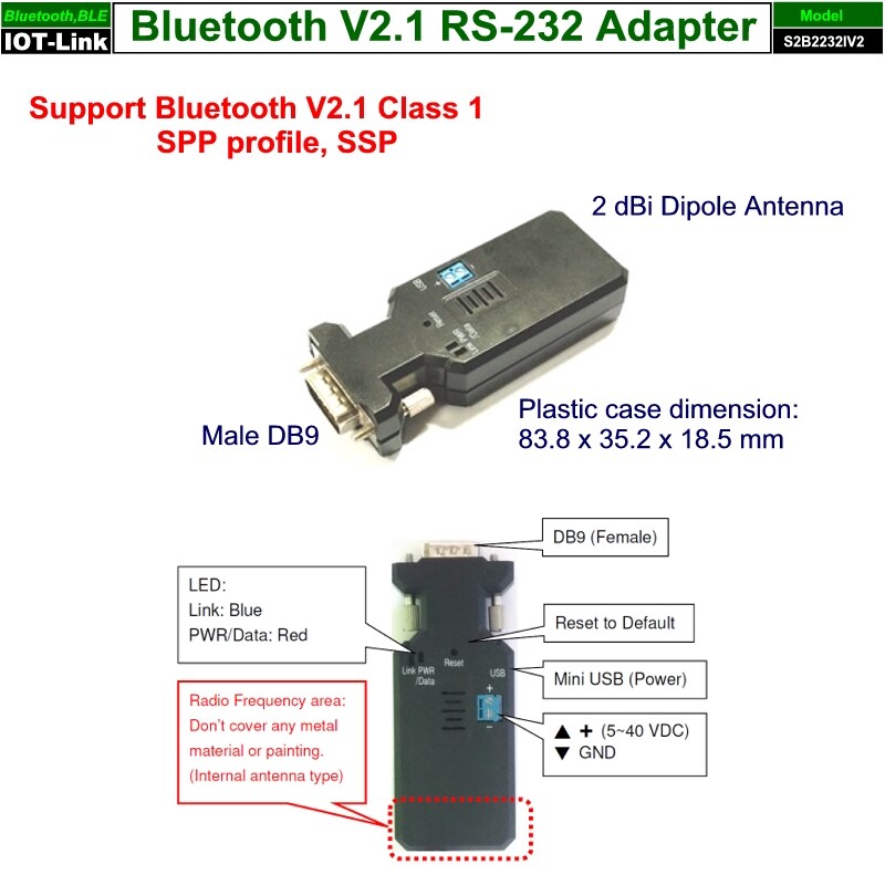 [Internal antenna, Male DB9] Bluetooth V2.1 Class 1 SPP RS232 serial ...