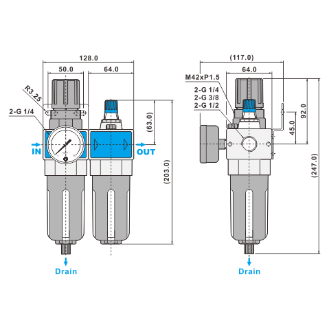 FRL COMBINATION Filter Regulator Lubricator (2 units style) 1/4" 3/8" 1 ...