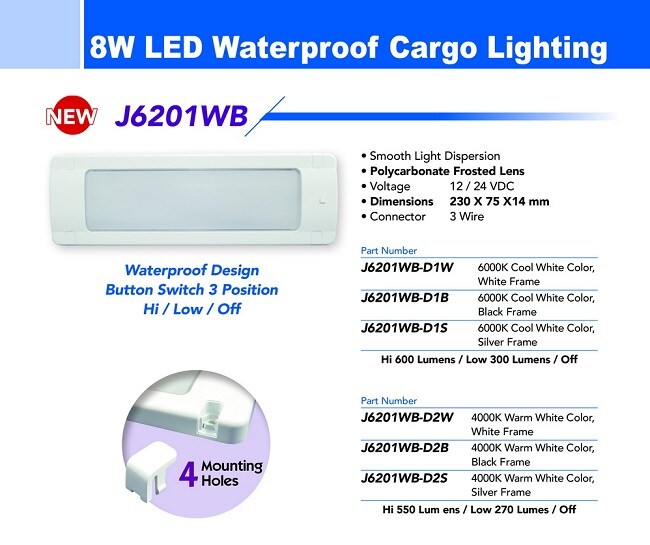 J6201 Series / 8W LED Waterproof Cargo Lighting - 750 Lumens 6000K Touch Switch 3 position ...