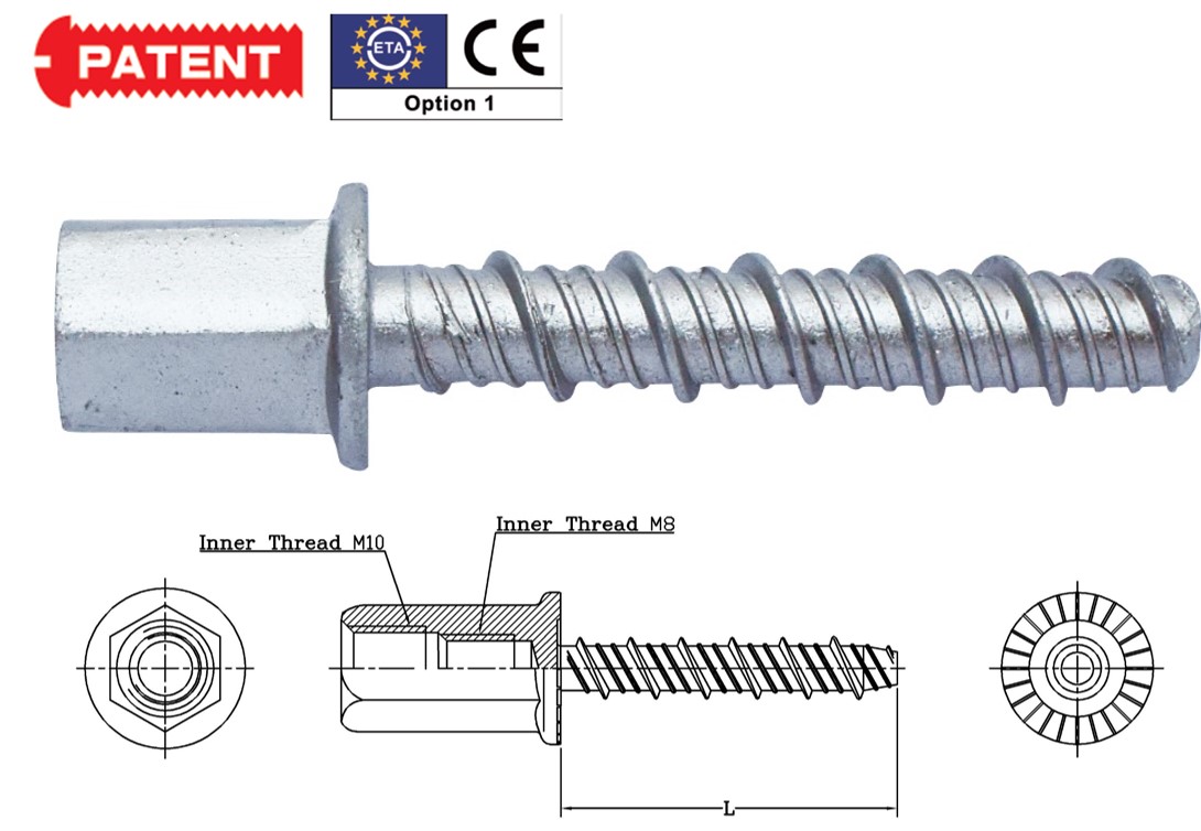 Concrete screw rod hangers with a dual M8/M10 internal thread