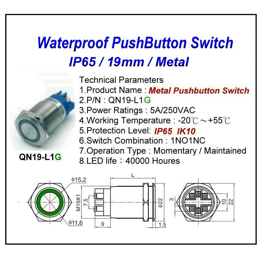 Anti-Vandal Waterproof Push Button Switch, with LED | Taiwantrade