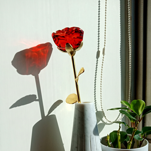 Crystal Rose Glass Red Rose Flower with Gold Leaves for Wedding ...