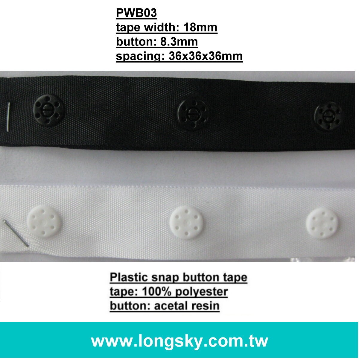 (#PWB03) 36mm spacing, 18mm poly tape, 8mm snap button tape for clothes ...
