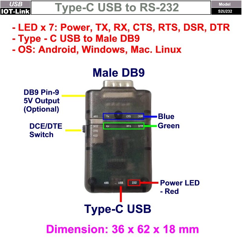 [Type C] USB to RS-232 adapter with Type C connector, Support Android, Windows, Linux, Mac ...