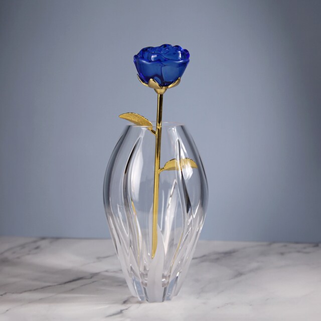 Crystal Rose Glass Blue Rose Flower with Gold Leaves for Wedding ...