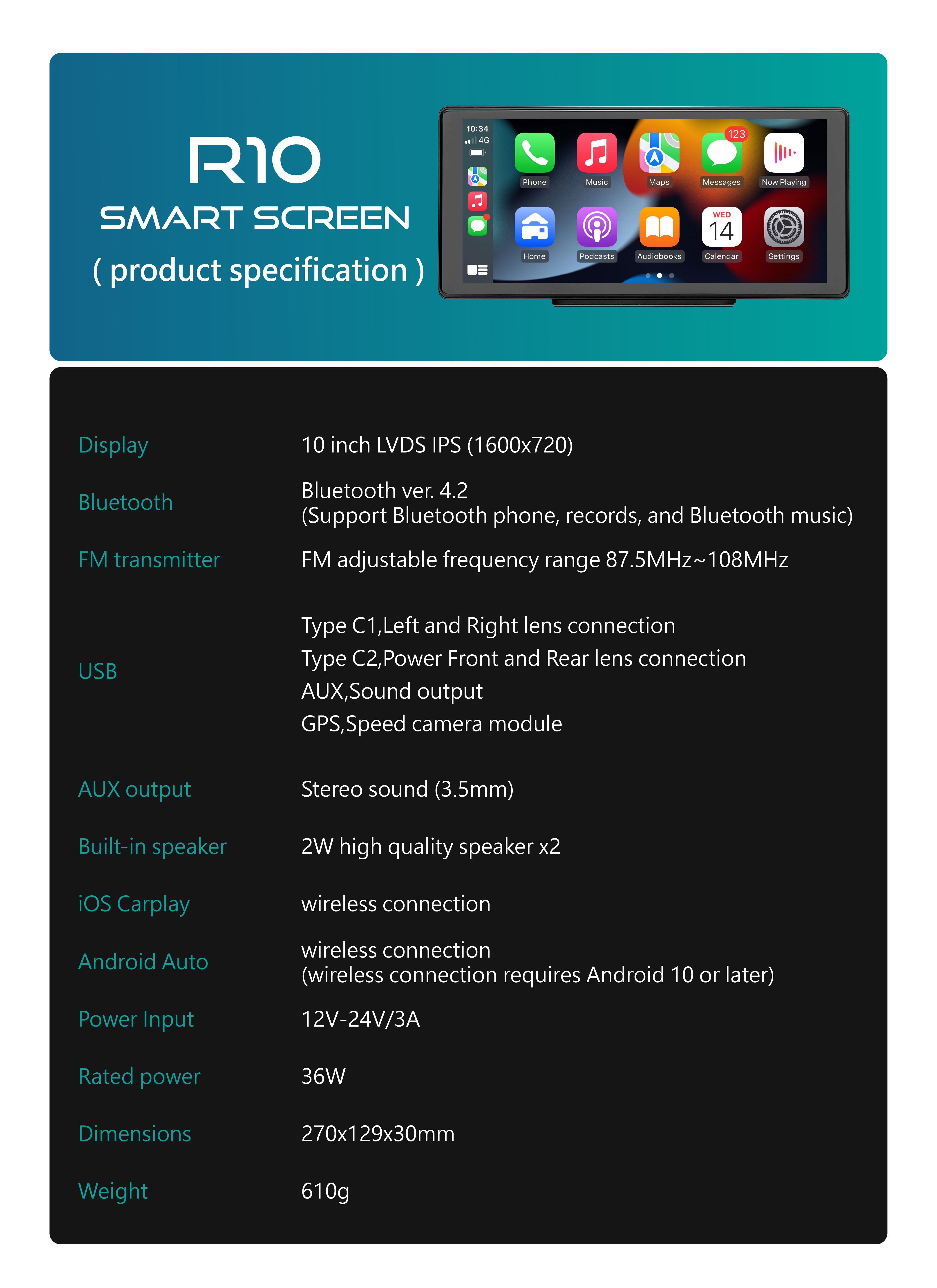 R10 10 inch Dual/Quad lens Dashcam wireless Portable CarPlay Android ...