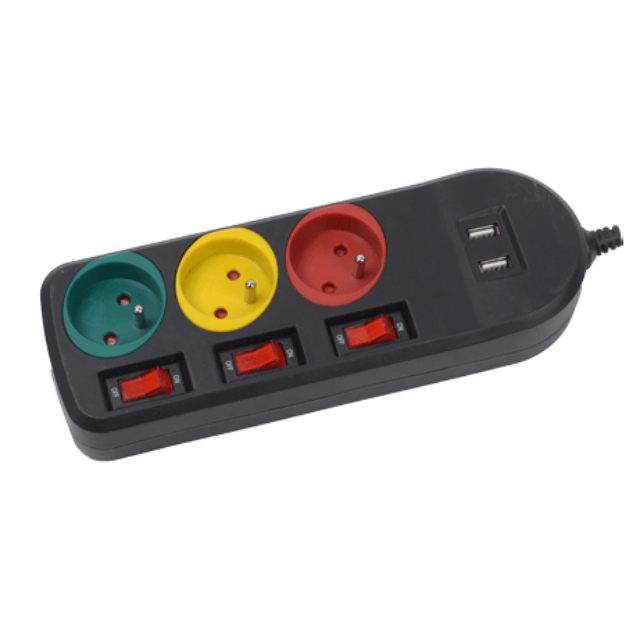French Type 3-Way Power Strip with 2-Port USB | Taiwantrade