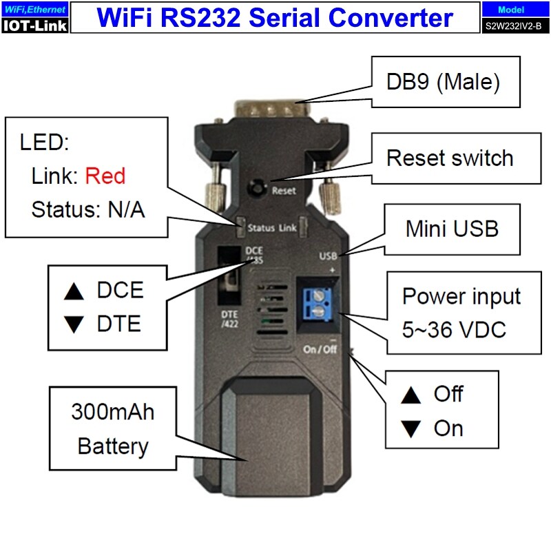 [Internal antenna, Male DB9, Battery] WiFi RS-232 adapter, built in re ...