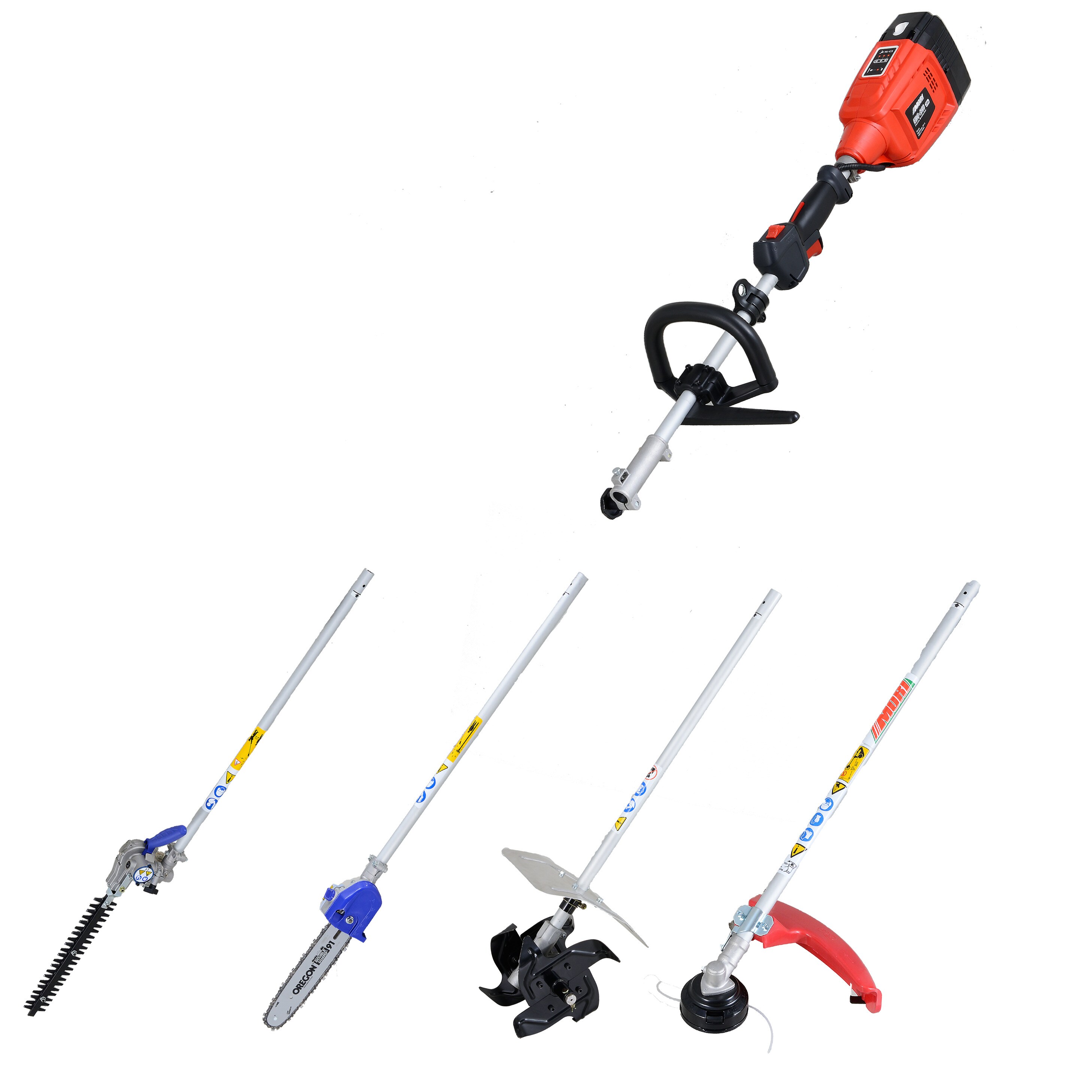 Battery multi tool brush cutter, chainsaw, hedge trimmer, tiller ...