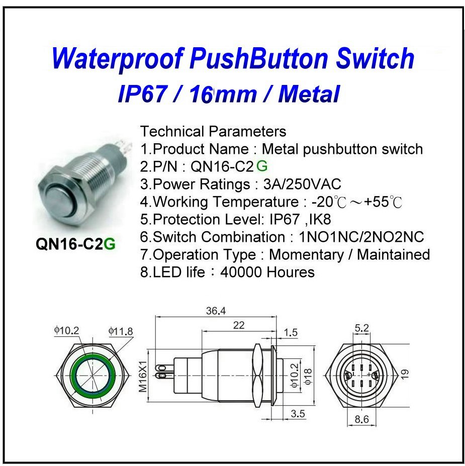 Anti-Vandal Waterproof Push Button Switch, with LED | Taiwantrade