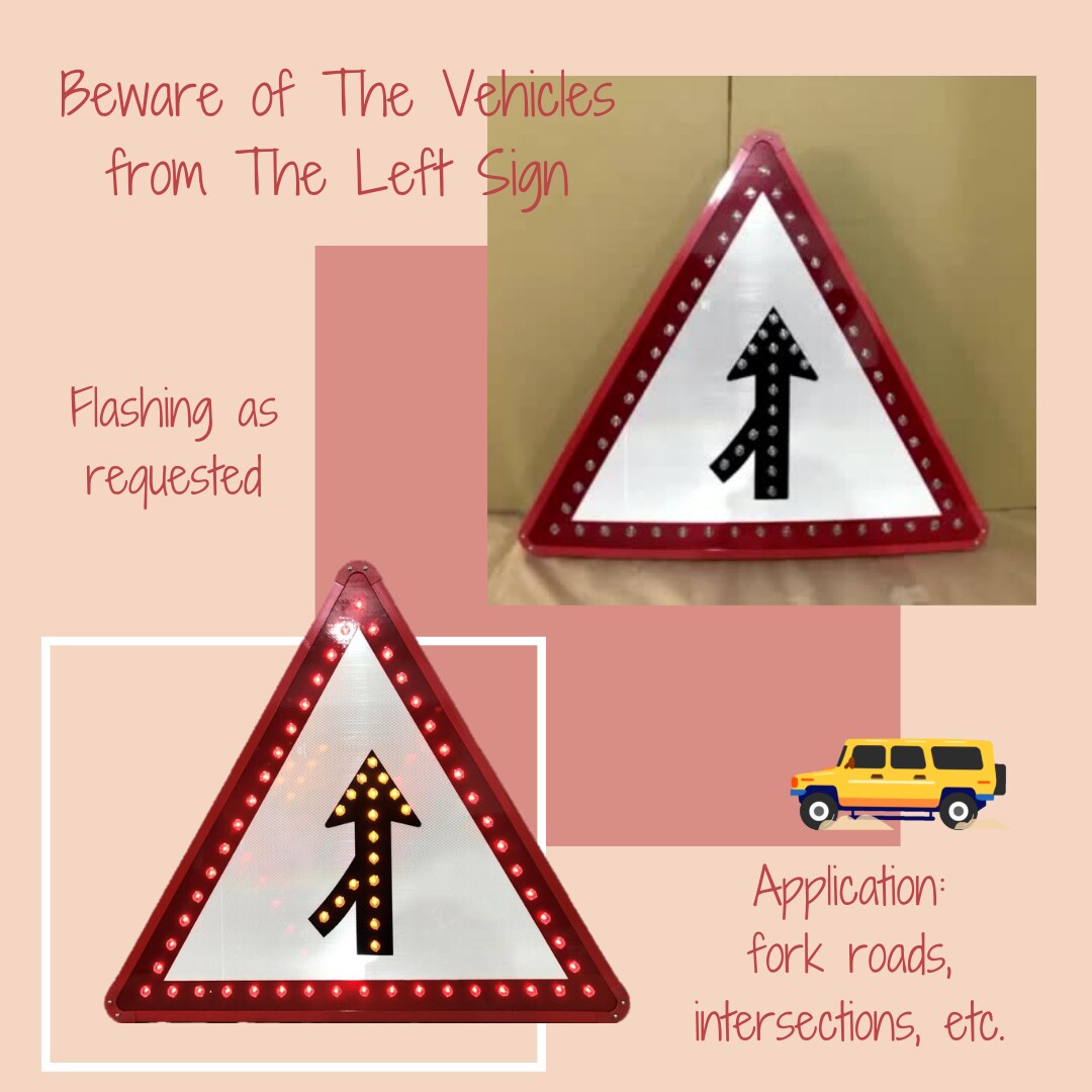 Solar LED Triangle Cars coming from The Left Warning Sign | Taiwantrade