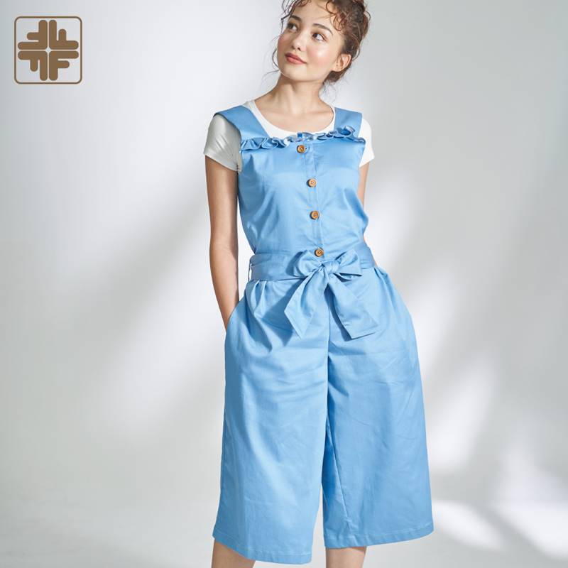 OEM ODM Ladies Women Sky Blue Ruffle Overalls with Ribbon | Taiwantrade