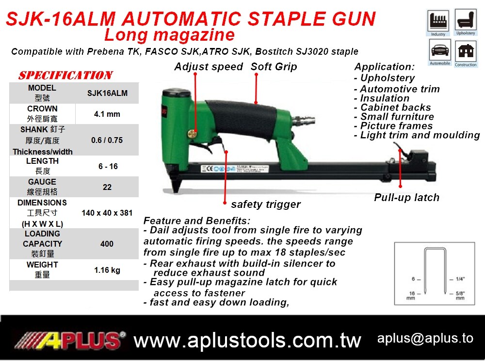 APLUS SJK16ALM, LONG MAGAZINE AUTOMATIC AIR STAPLE GUN, SJK staple 4 ...