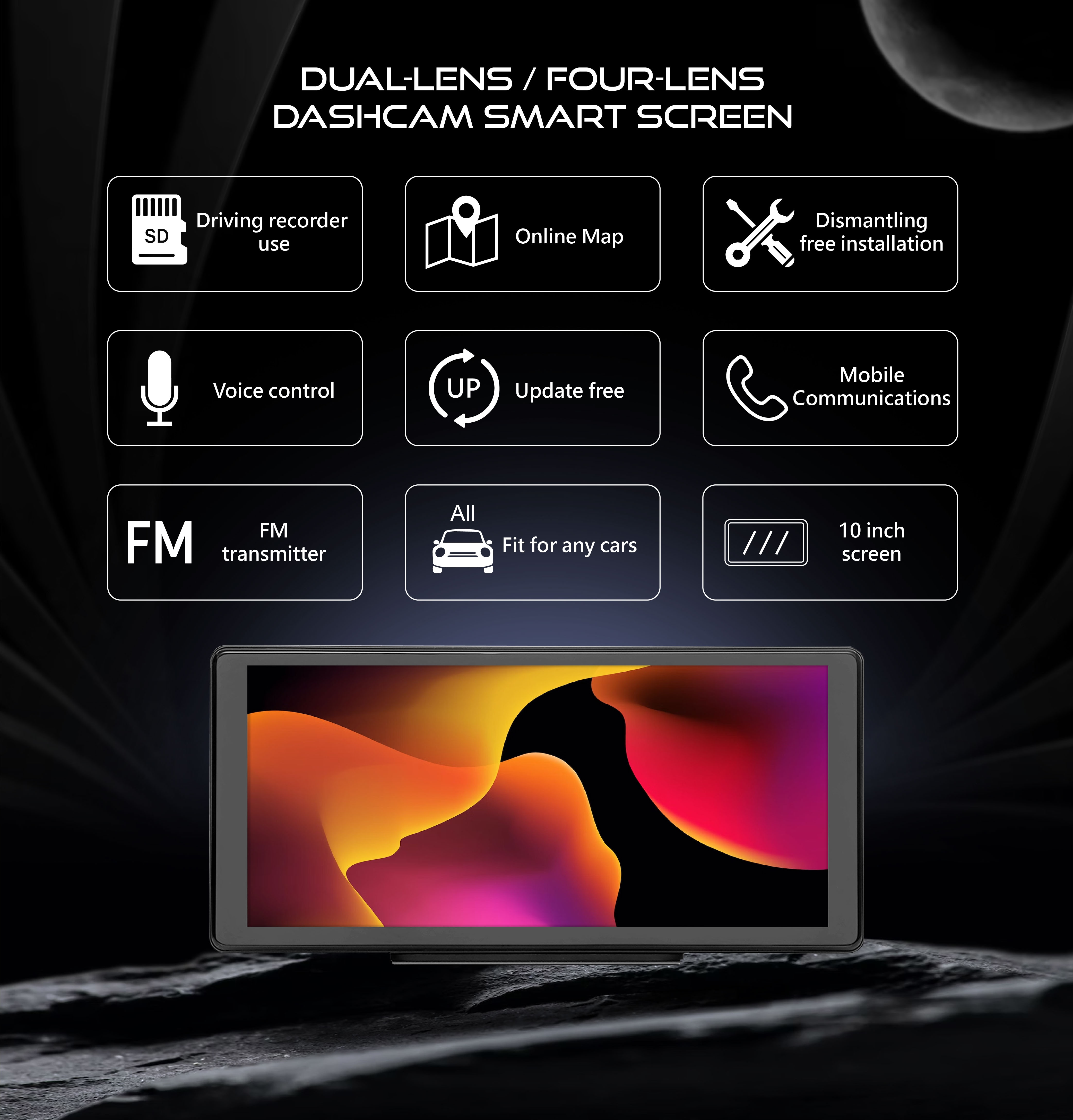 R10 10 inch Dual/Quad lens Dashcam wireless Portable CarPlay Android ...