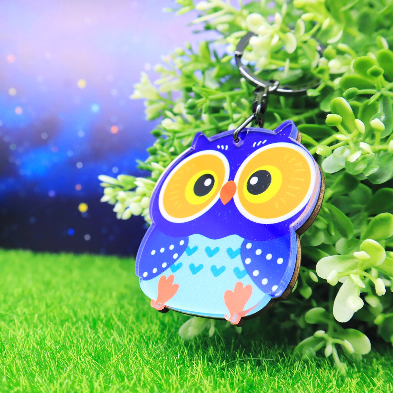 Blue Big Eyes Owl Wooden Acrylic Keychain | Taiwantrade