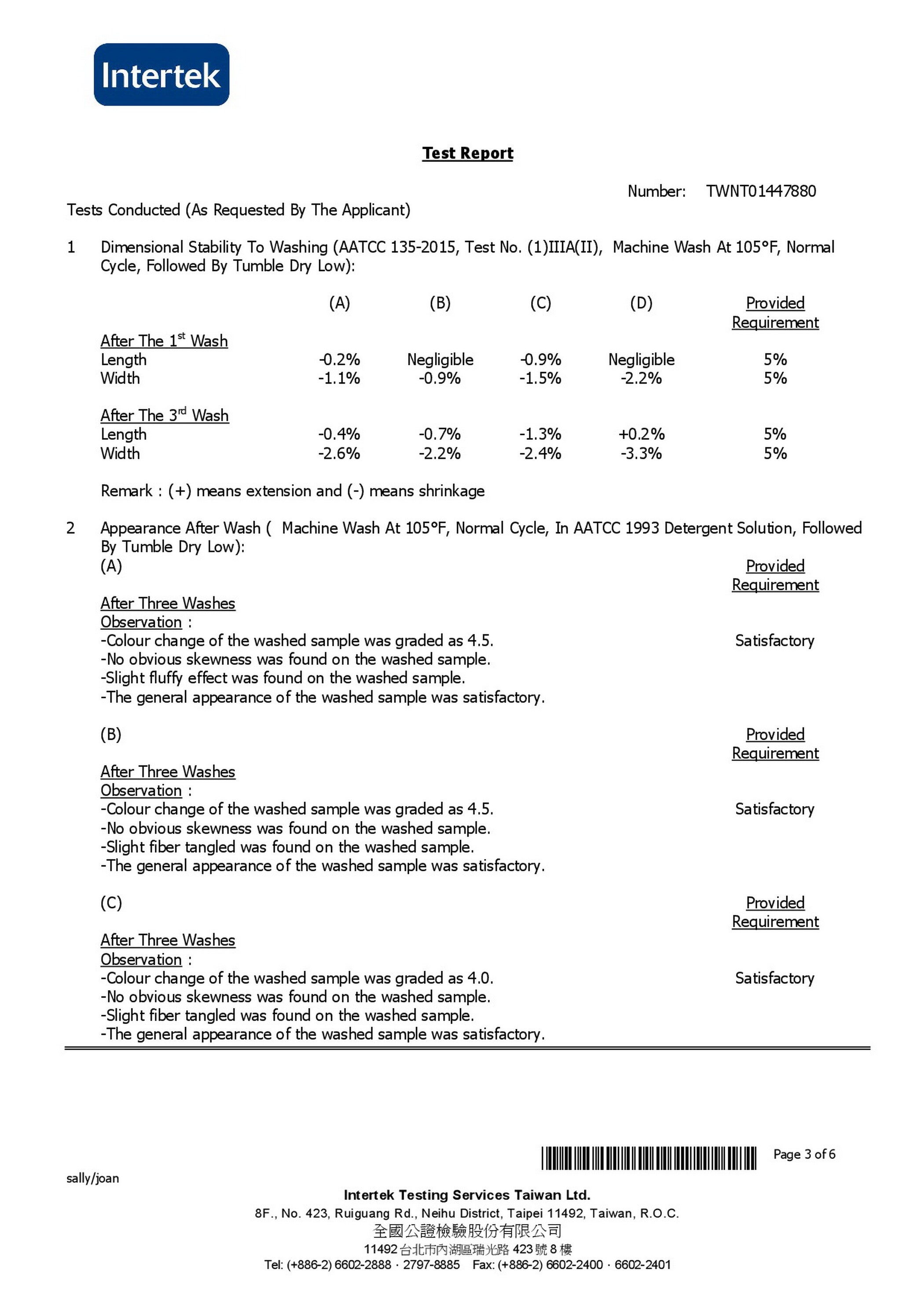 Dimensional stability to washing and appearance after Wash | Taiwantrade