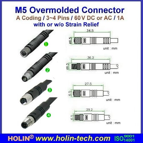 M5 Waterproof Connector Molded with Cable, Molded Cord-Set or Patch ...